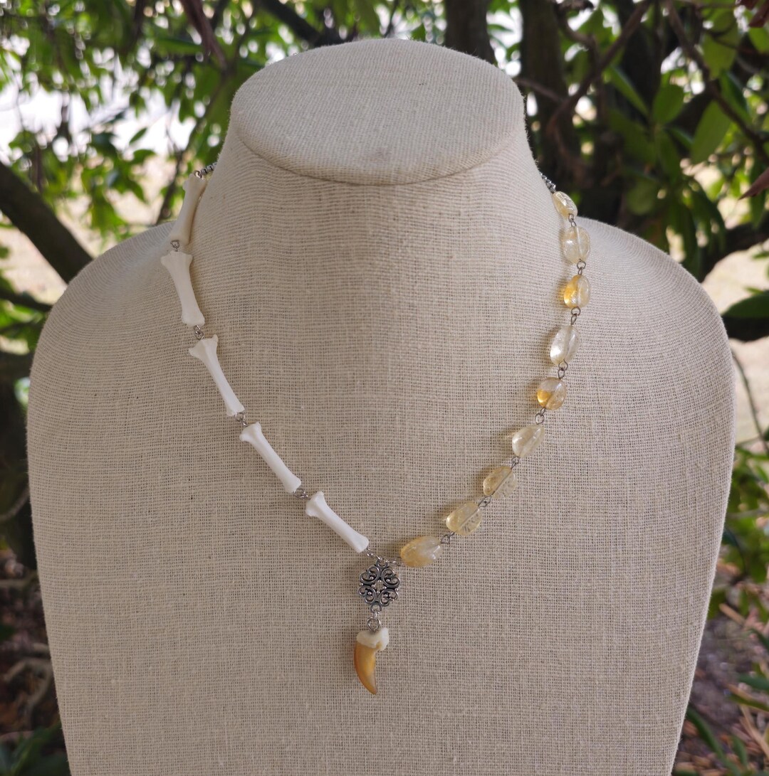 Coyote Claw and Tail Bone Necklace With Citrine. Asymmetrical Necklace ...