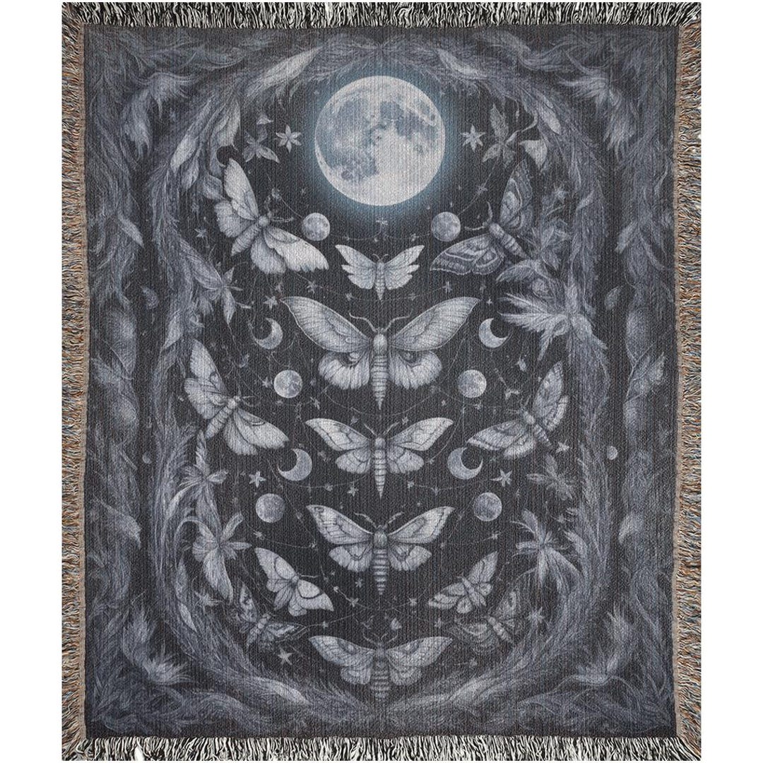 Lunar Moth Blanket - Gothic Woven Throw, Celestial Moon Phase Tapestry ...