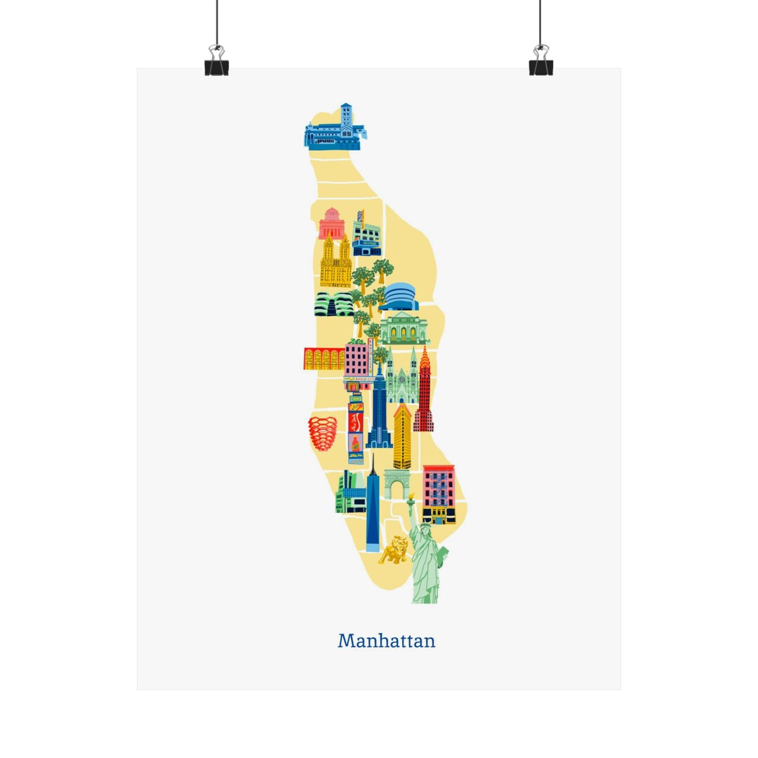 Manhattan, NYC Landmark Buildings Map Matte Poster Hand Drawn ...
