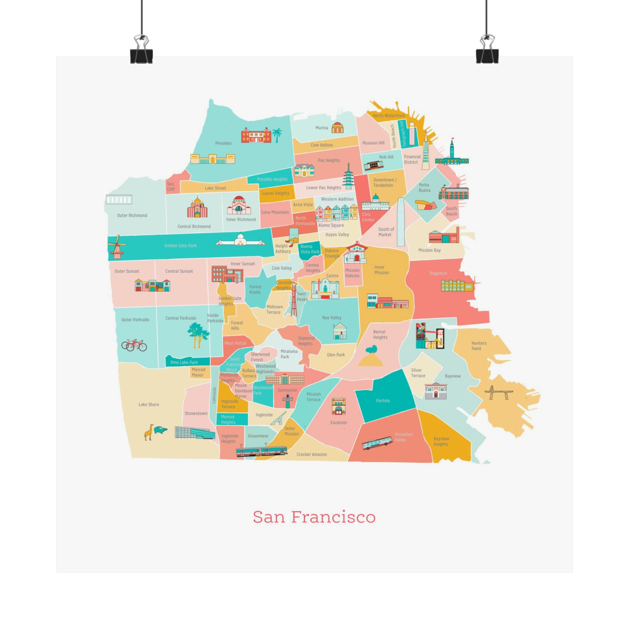 San Francisco Neighborhood Map Matte Vertical Posters Infographic, Bay ...