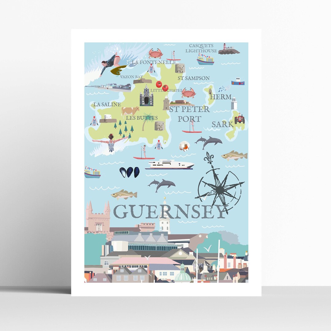 Illustrated Map of Guernsey Art Print Illustration travel - Etsy Portugal