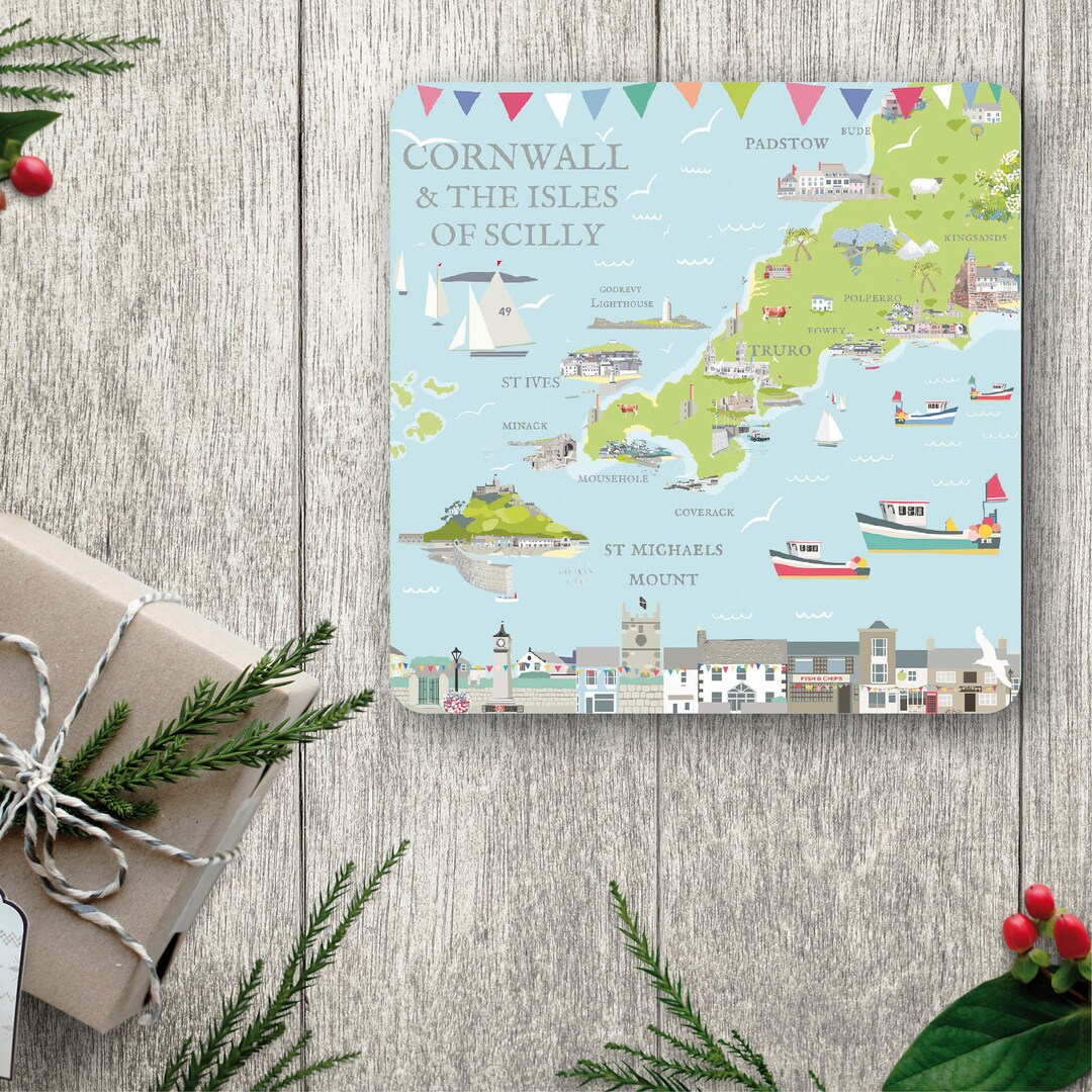 CORNWALL MAP Set of 4 Coasters Cornwall Gift Drink Coasters Art ...