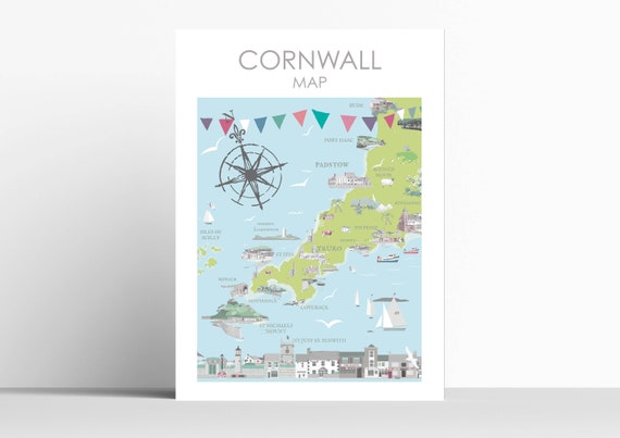 MAP OF CORNWALL Art Print Illustration Artist Print by Betty | Etsy