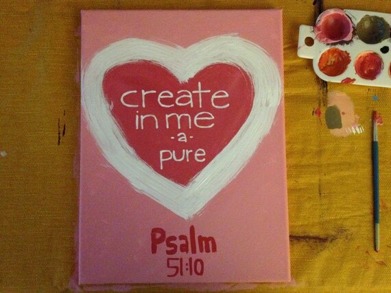 Items similar to Heart Bible Verse Painting Canvas 9x12 Psalm 51:10 Red ...