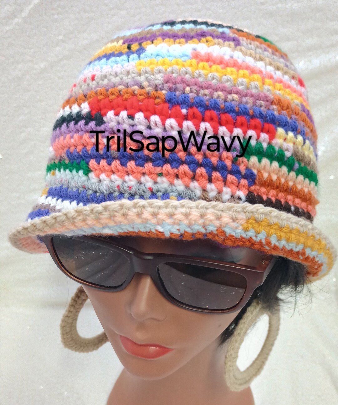 Striped Bucket Hat, Crochet Colorblock Bucket Hat, Patchwork Scrap Yarn ...