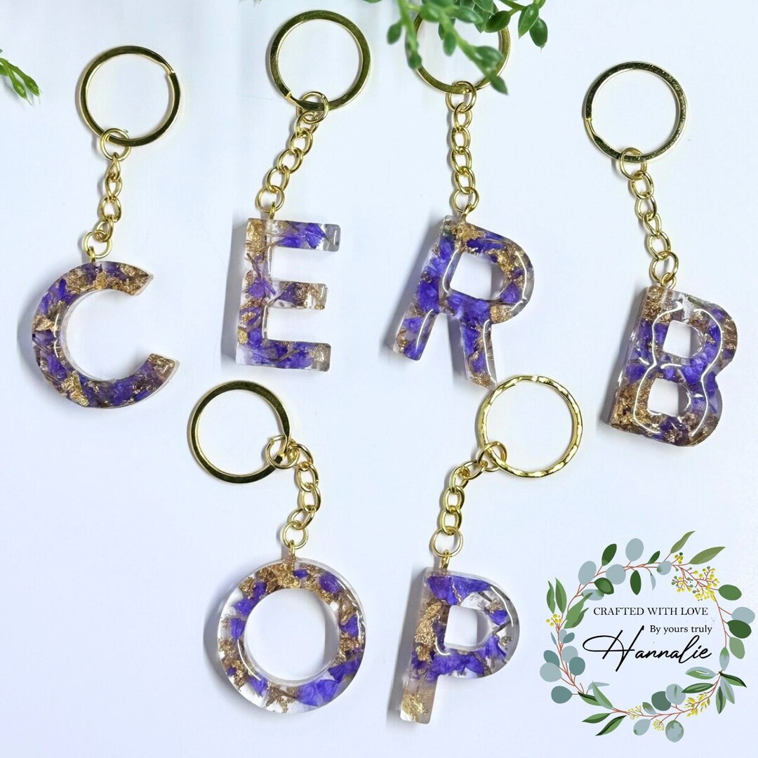 Lavender and Gold Flake Resin Letter Keychain Flower Keychain Real ...
