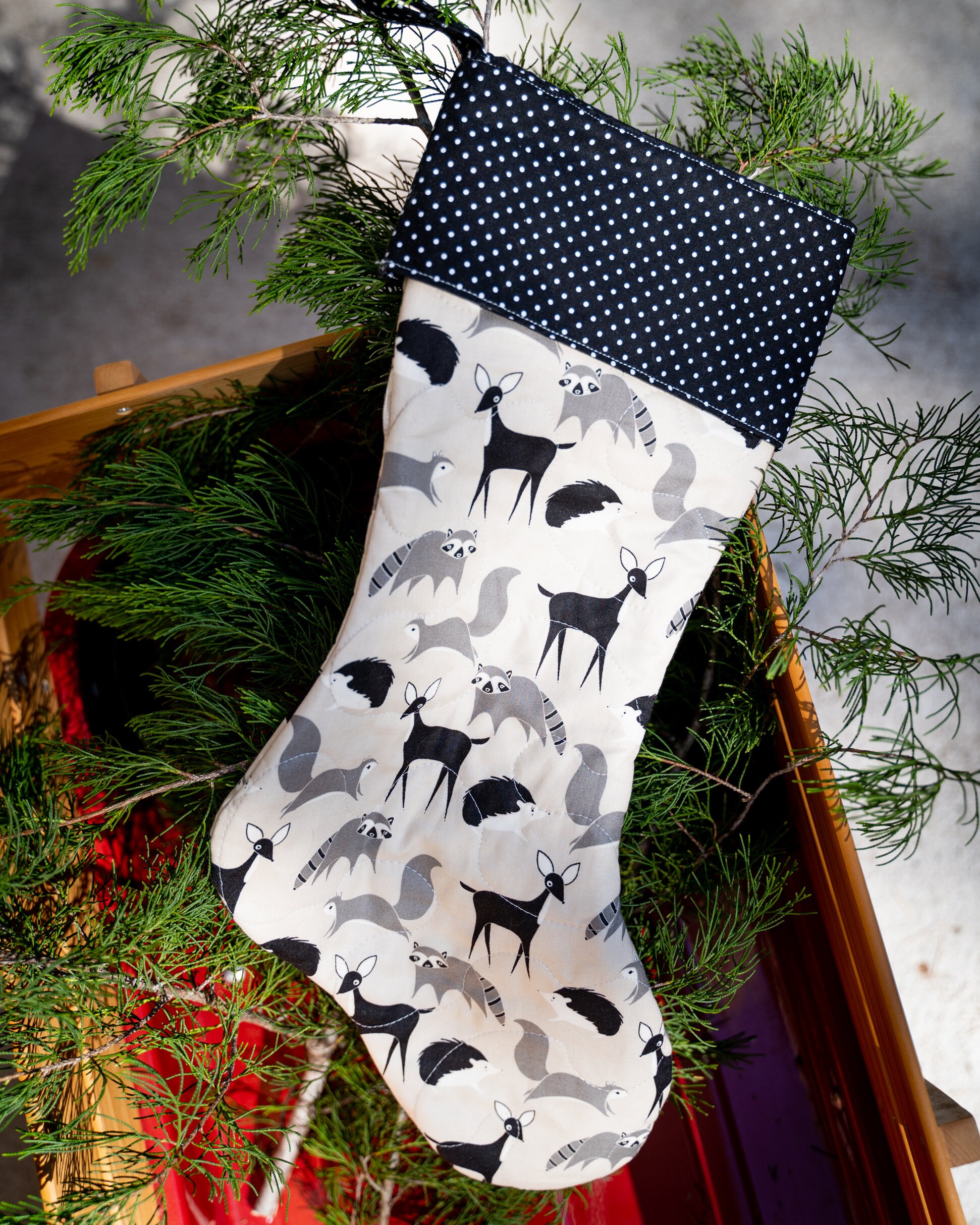 Christmas Quilted Stocking With Deer, Squirrels, Hedgehogs and Raccoons ...
