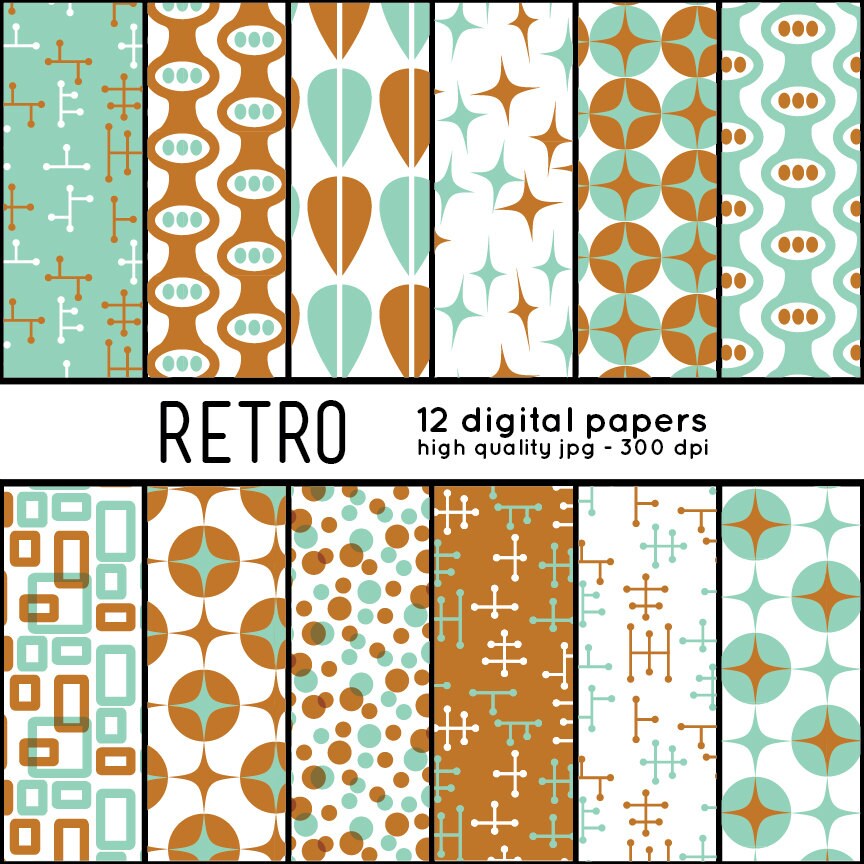 Retro SHAPES 12 Digital Papers Pattern Set Scrapbook, Blog, Invites ...