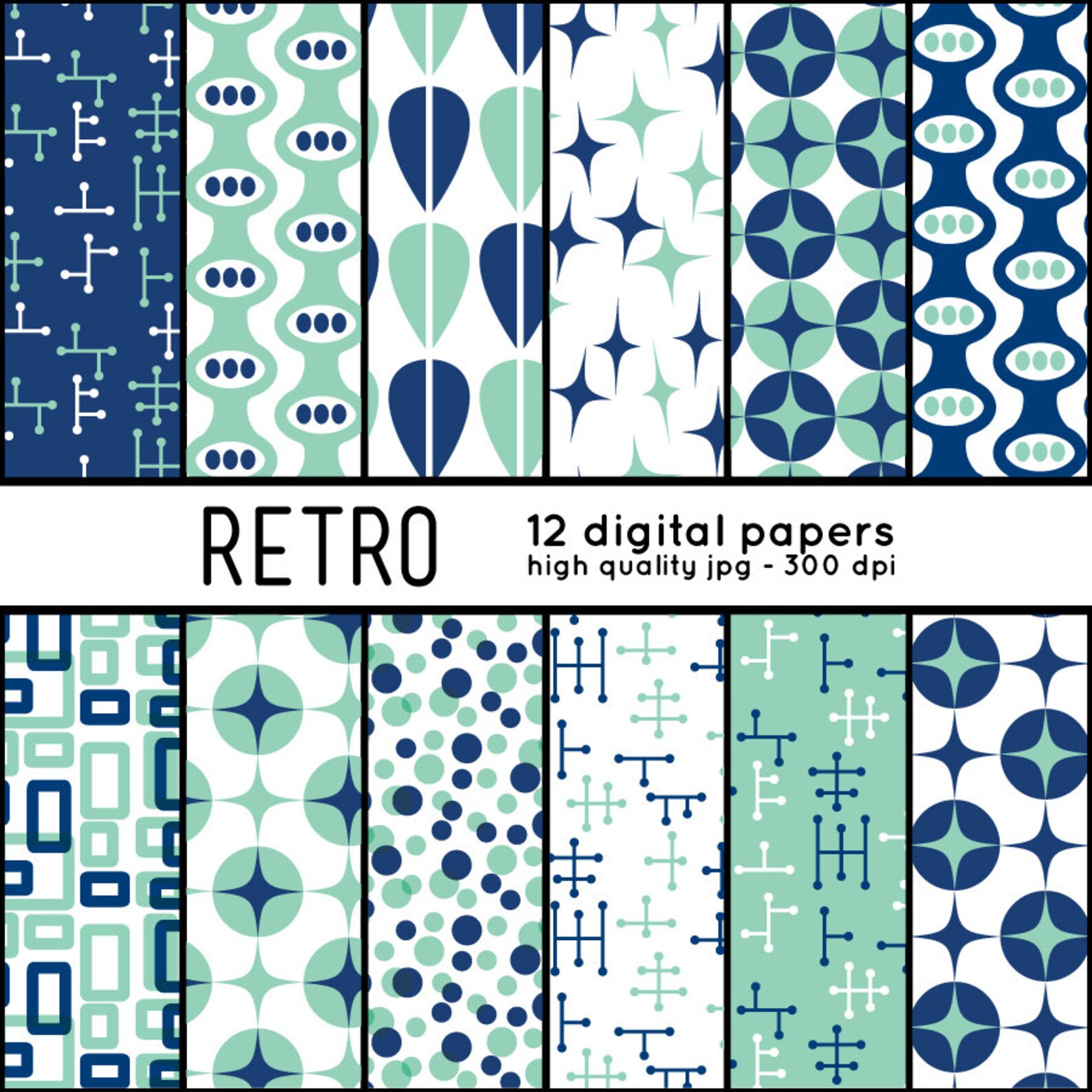 Retro SHAPES 12 Digital Papers Pattern Set Scrapbook, Blog, Crafts, Mcm ...