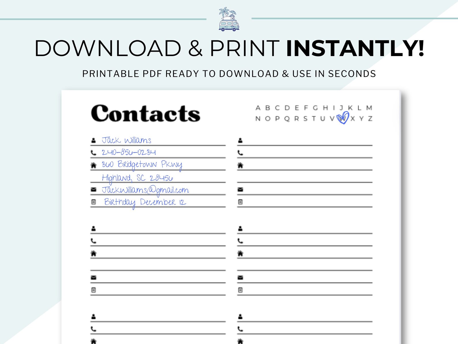 Contact List Printable Address Book Planner Insert Contact Organizer ...