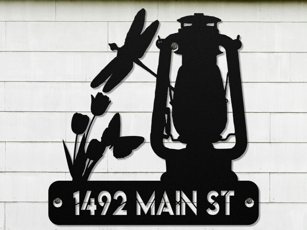 Personalized House Sign | Rustic Lantern Dragonfly Art | Custom Metal ...