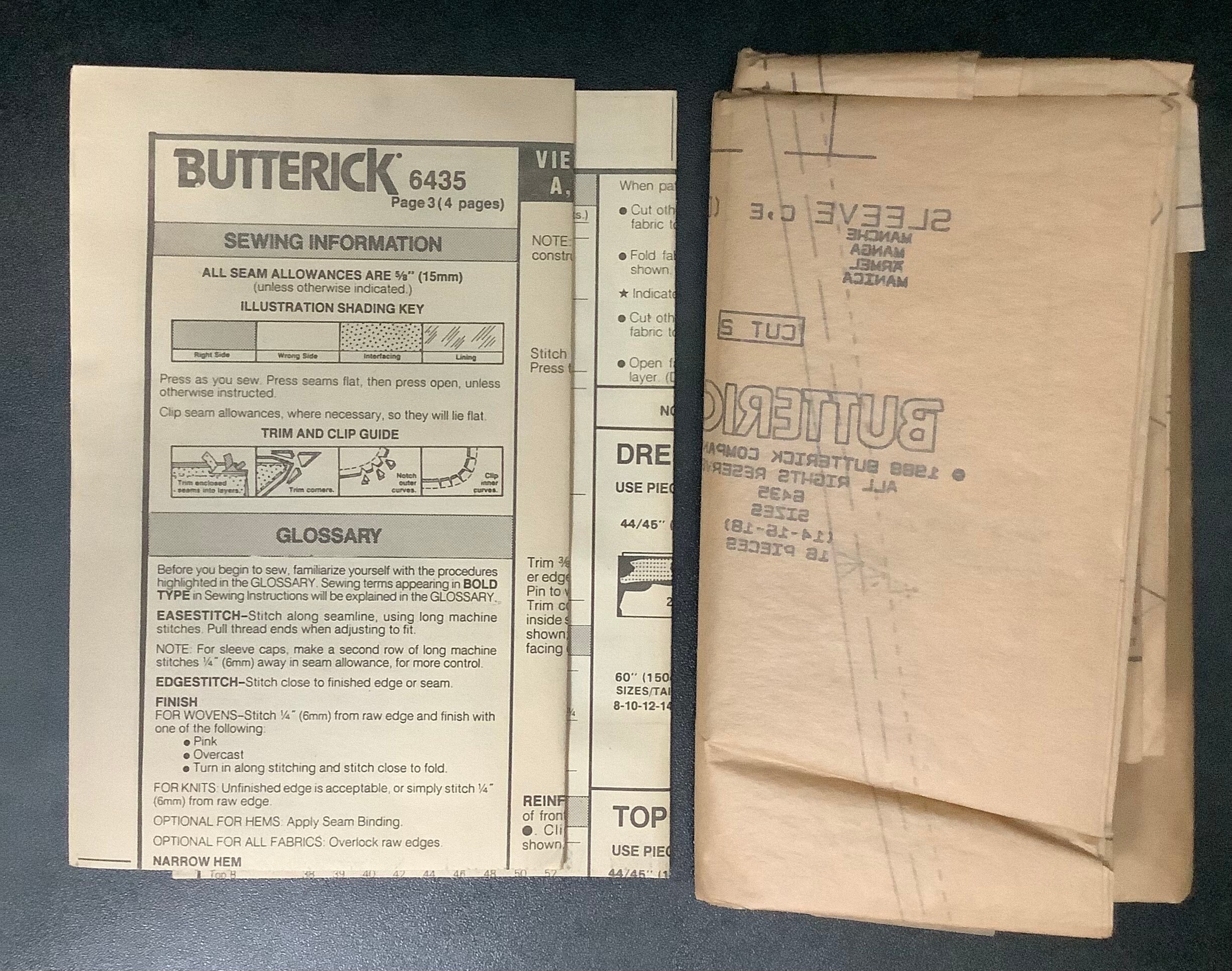 Butterick 6435 Sewing Pattern, Size 14-16-18, UC/FF - Etsy