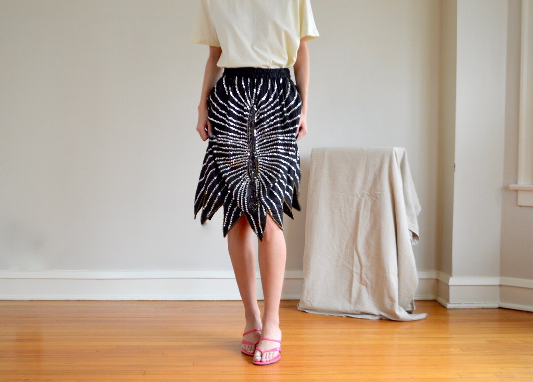 Sequin Black Silk Jagged Hem Knee Length Skirt / 26w - Etsy
