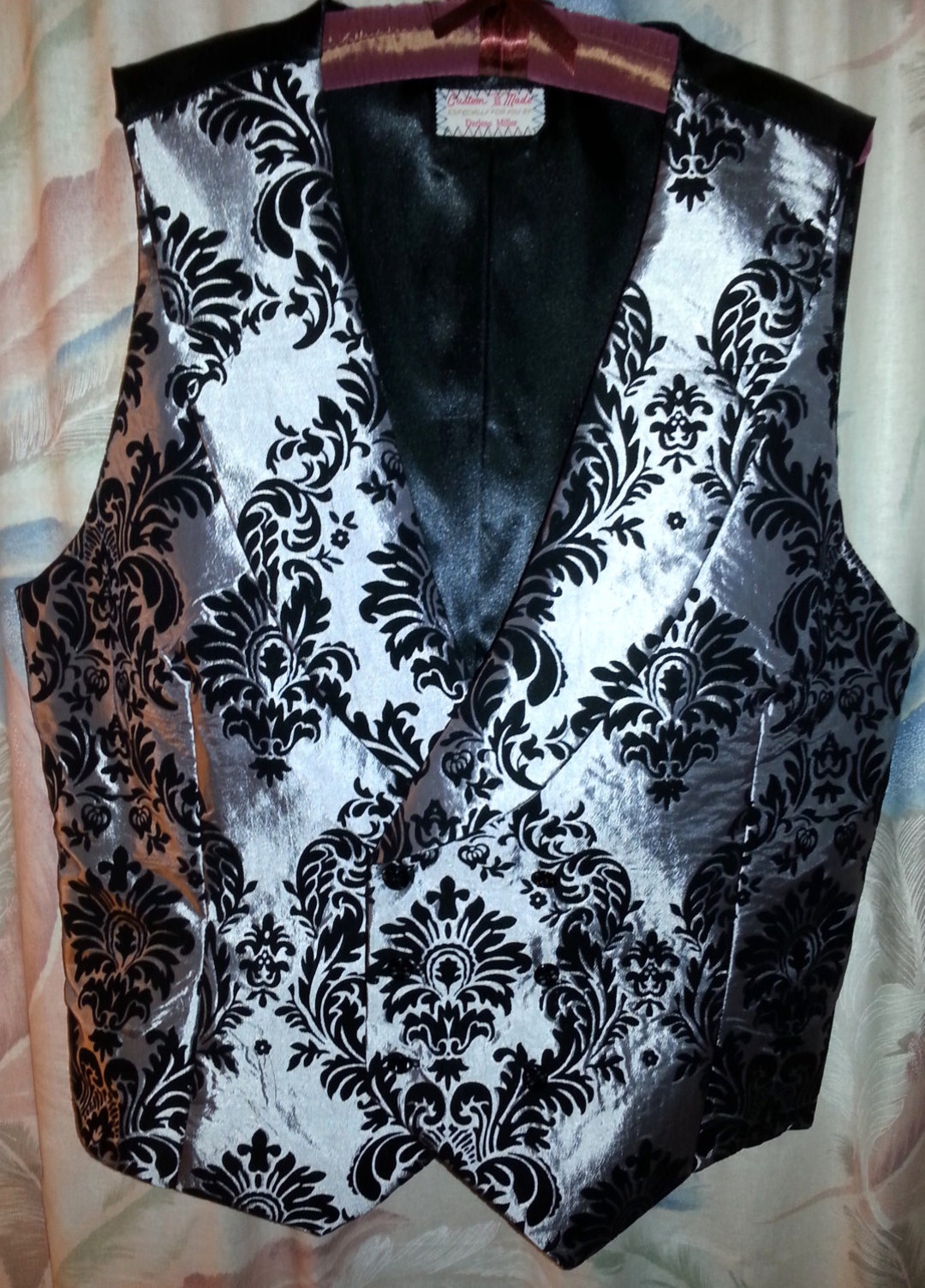 Six Button Double-breasted Vest of Gray Taffeta Damask With Black ...