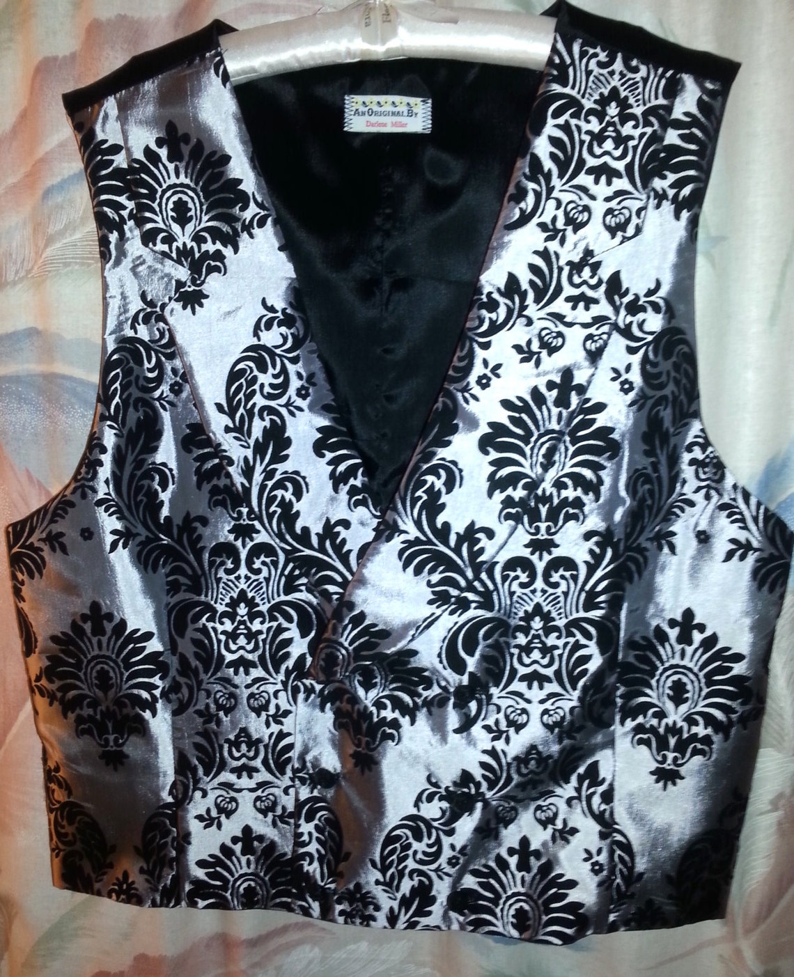 Six Button Double-breasted Vest of Gray Taffeta Damask With Black ...