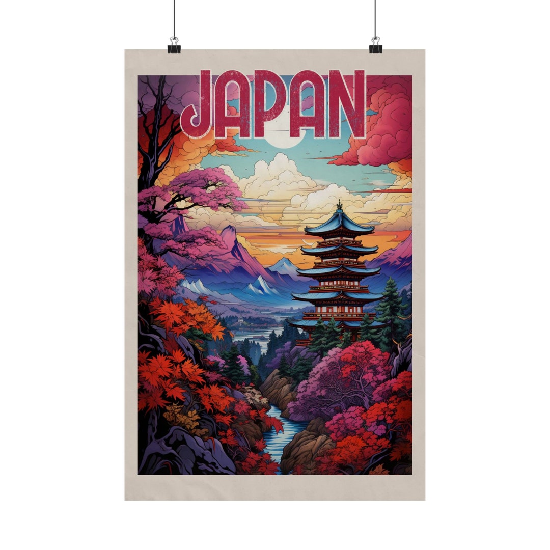 Vintage Japan Travel Poster Mt. Fuji and Pagoda With Cherry Blossoms ...