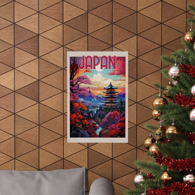 Vintage Japan Travel Poster Mt. Fuji and Pagoda With Cherry Blossoms ...