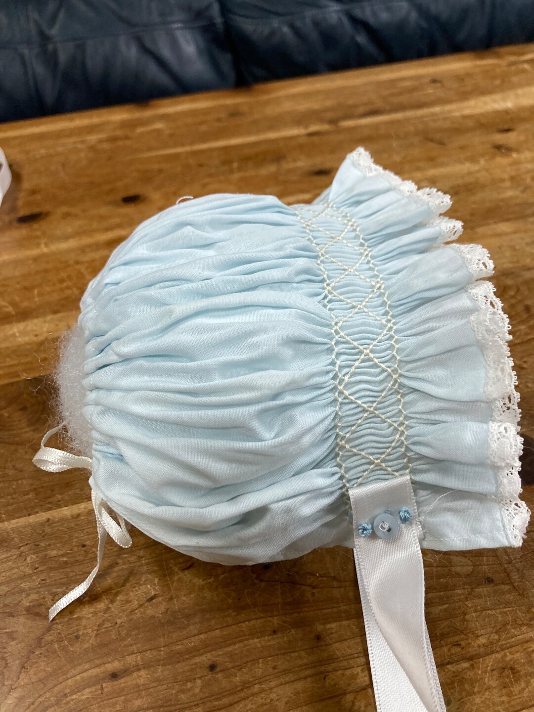 Blue Smocked Bonnet , Tiny Lace Edging and Cream Smocking for a Hat ...