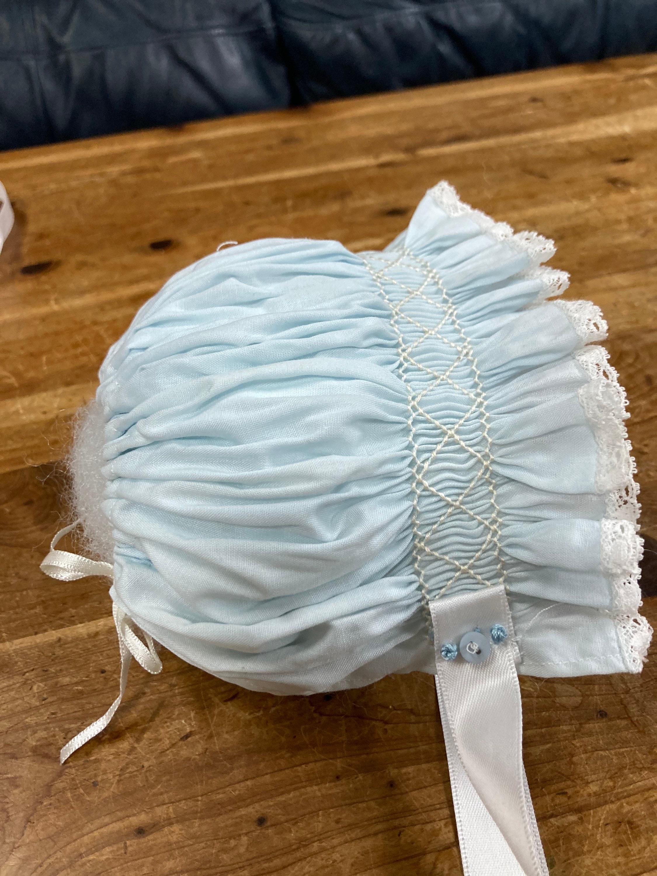 Blue Smocked Bonnet , Tiny Lace Edging and Cream Smocking for a Hat ...