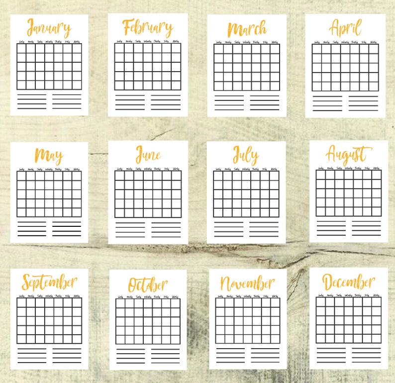 12-month Printable DIY 8.5 X 11 Vertical Calendar Gold Yellow - Etsy