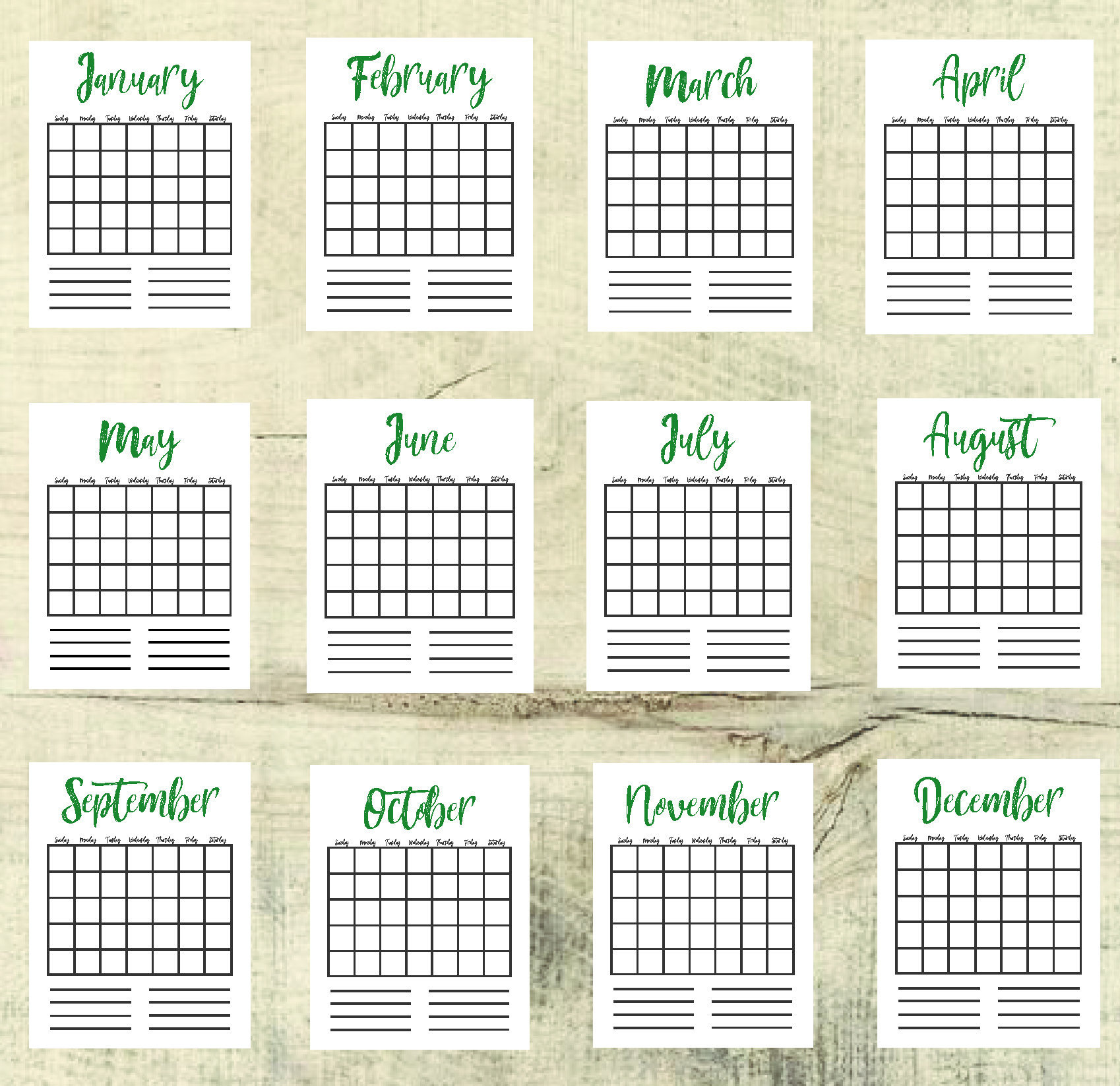 12-month Printable DIY 8.5 X 11 Vertical Calendar Jade Green - Etsy
