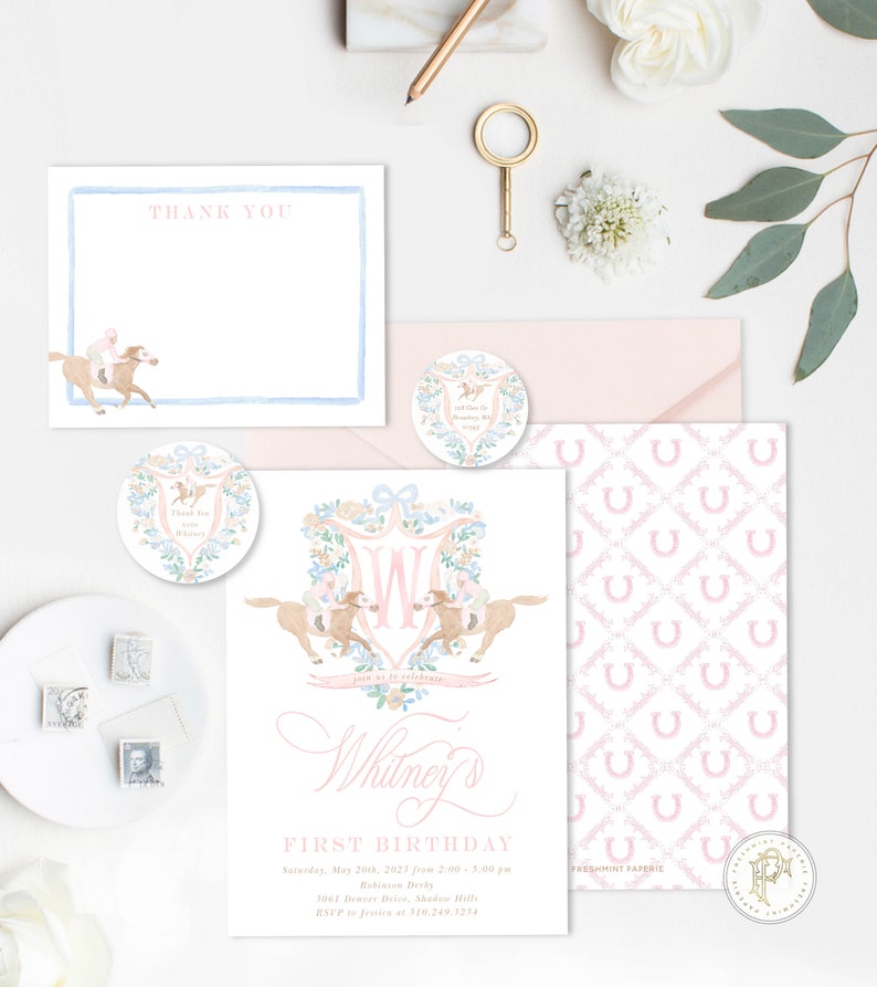 Derby Birthday Invitation: Watercolor Horse Racing, Crest, Equestrian ...