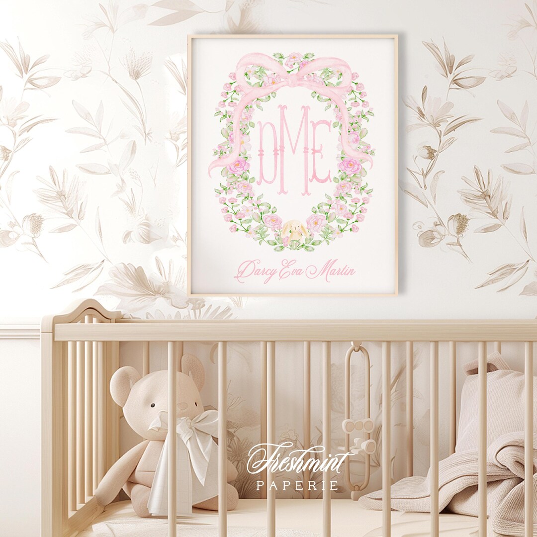 Watercolor Monogram Floral Nursery Wall Art, Nursery Name Print ...