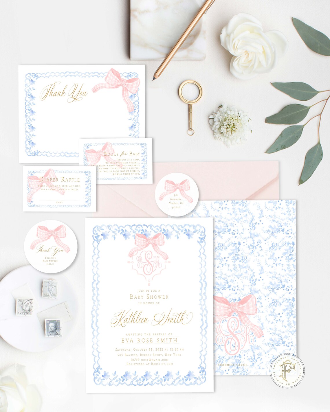 Gingham Pink Ribbon Invitation Chinoiserie Invitation - Etsy