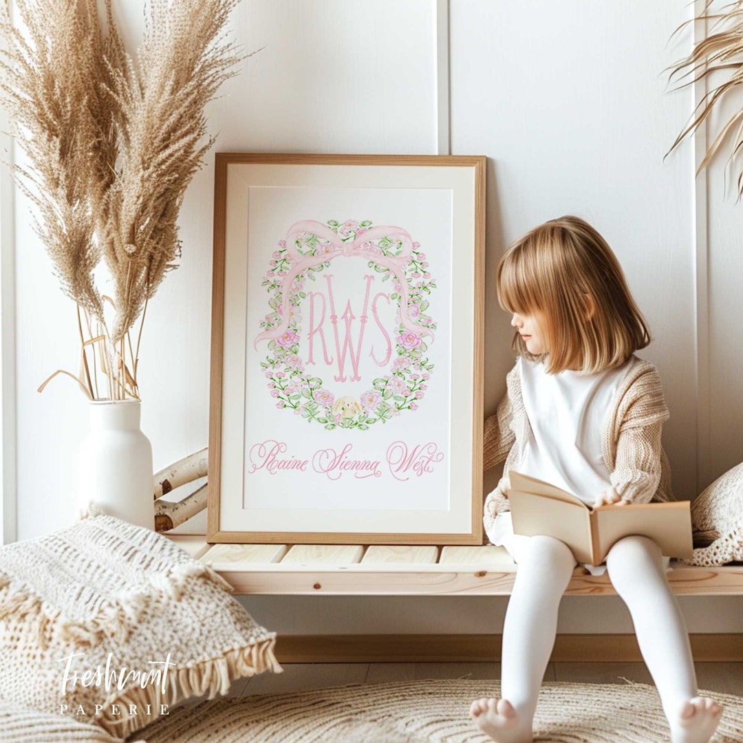 Watercolor Monogram Floral Nursery Wall Art, Nursery Name Print ...