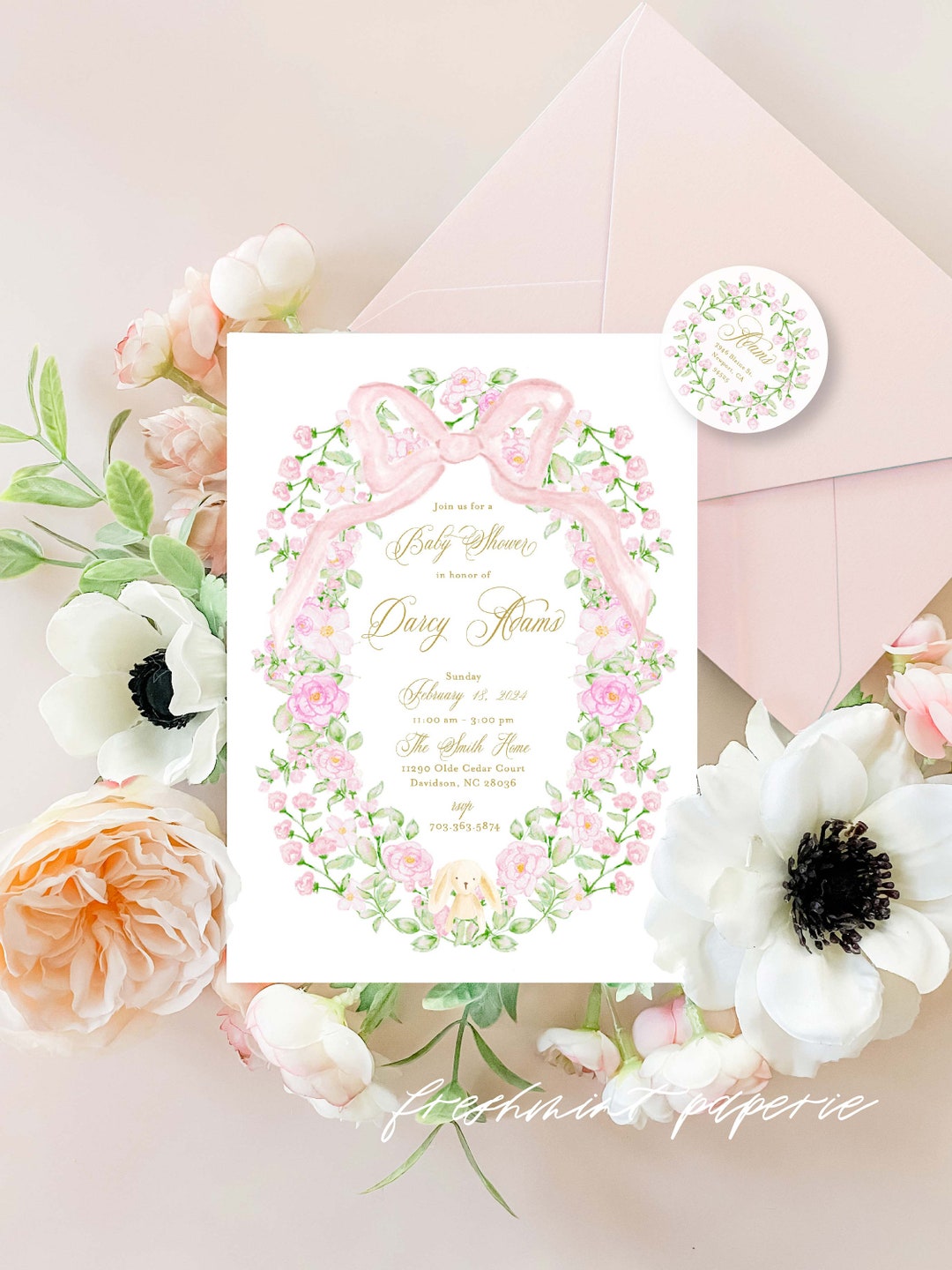 Bunny Crest Baby Shower Invitation, Watercolor Floral Wreath, Pink Bow ...