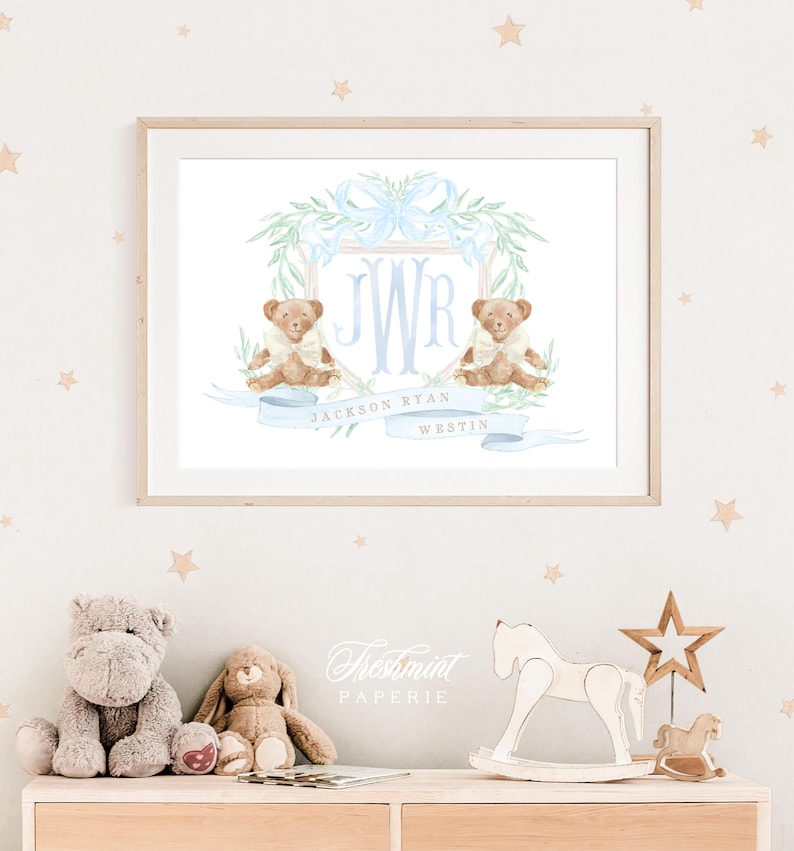 Teddy Bear Nursery Print, Custom Monogram Crest - Etsy
