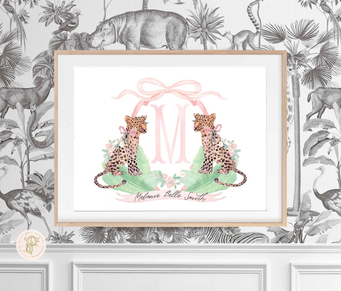 Cheetah Nursery Art Print, Safari, Monogram, Crest, Pink Bow - Etsy