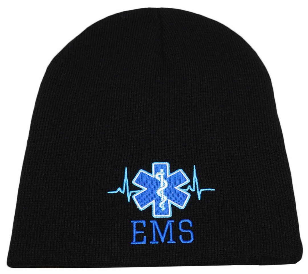 EMS Beanie Star of Life Heartbeat Black Embroidered Knit - Etsy