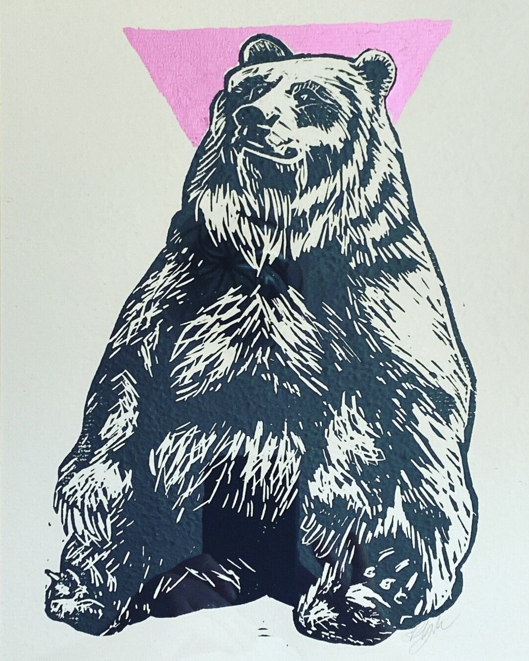 Chubby Bear Linocut Art Print Hand Printed With Metal Leaf Pink ...