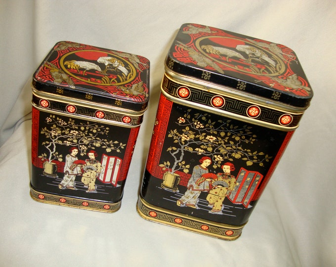 Vintage Chinoiserie English Tea Tins Tea Canisters Cannisters Tin Set ...