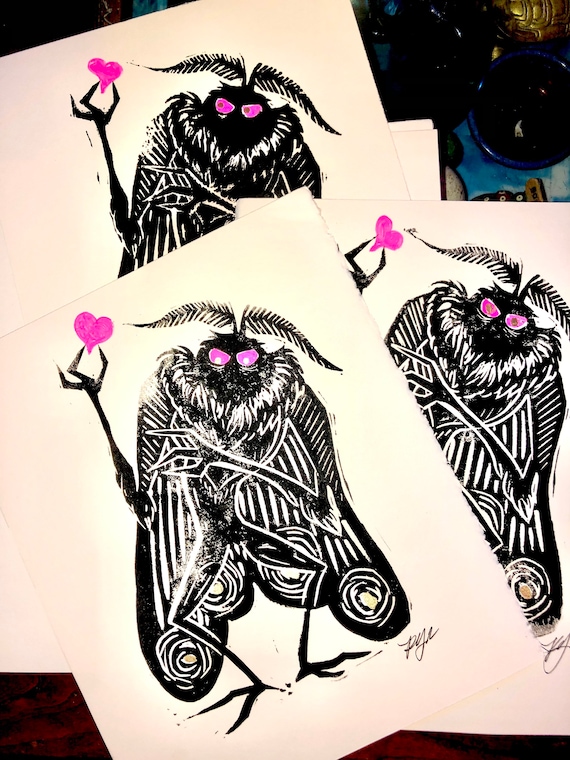Mothman Valentine Art Linocut Print Hand Printed Hand Colored - Etsy