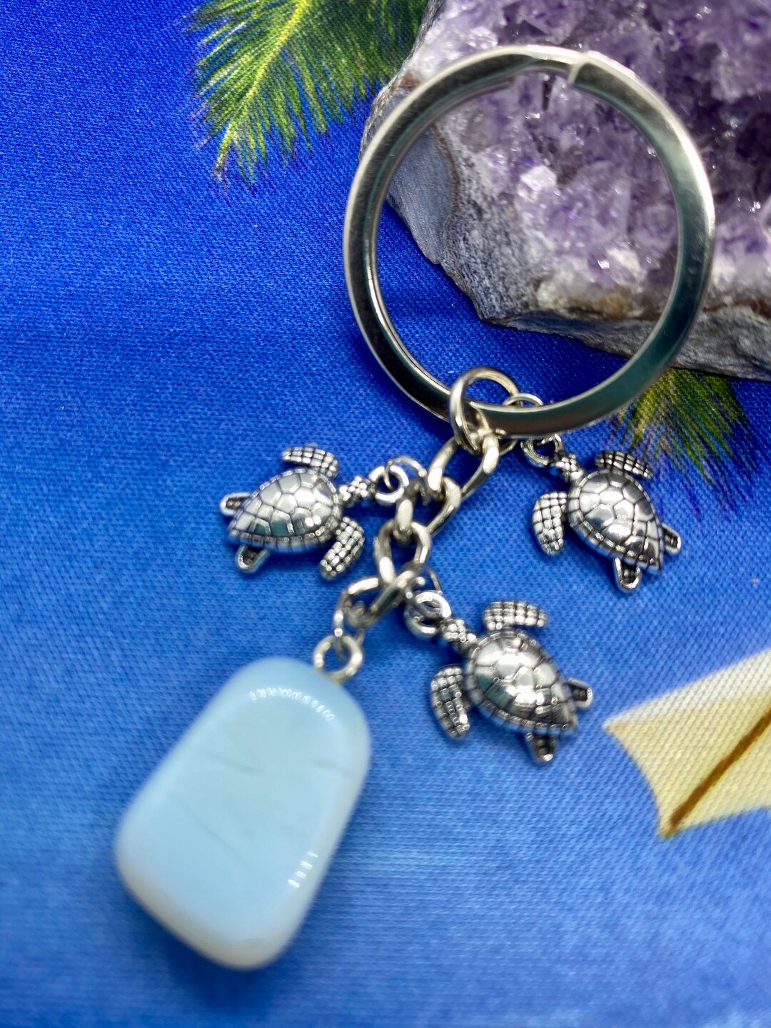 Opalite Gem Crystal Three Pretty Turtle Charms Keychain Pick - Etsy