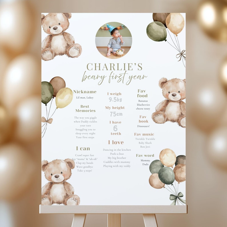 Little Bear First Birthday Milestone Poster Template – Editable Canva ...