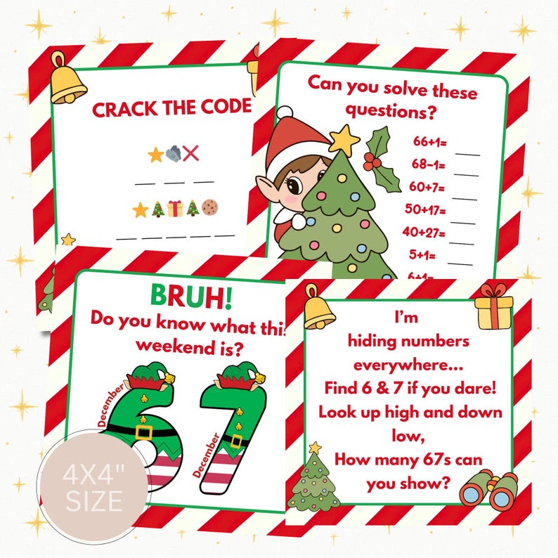6 7 Elf Printable Bundle, Christmas Elf Activity Cards, Six Seven Elf ...
