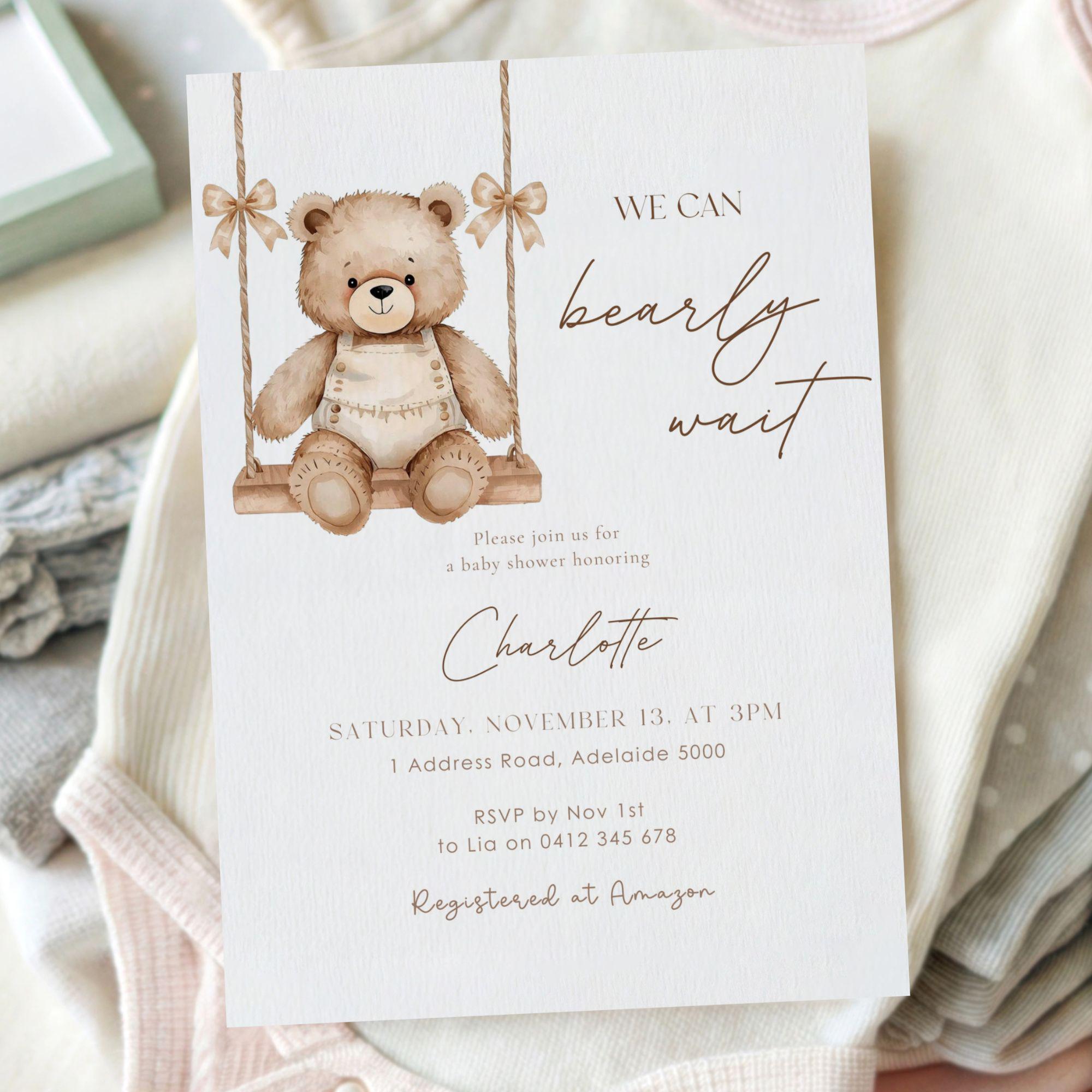 Brown Bear Baby Shower Invitation: Neutral Wooden Swing (canva Digital ...