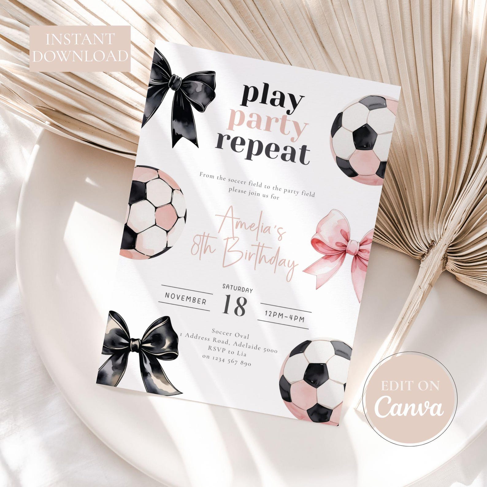 Pink Soccer Birthday Invitation: Editable Girl Football Party Invite ...