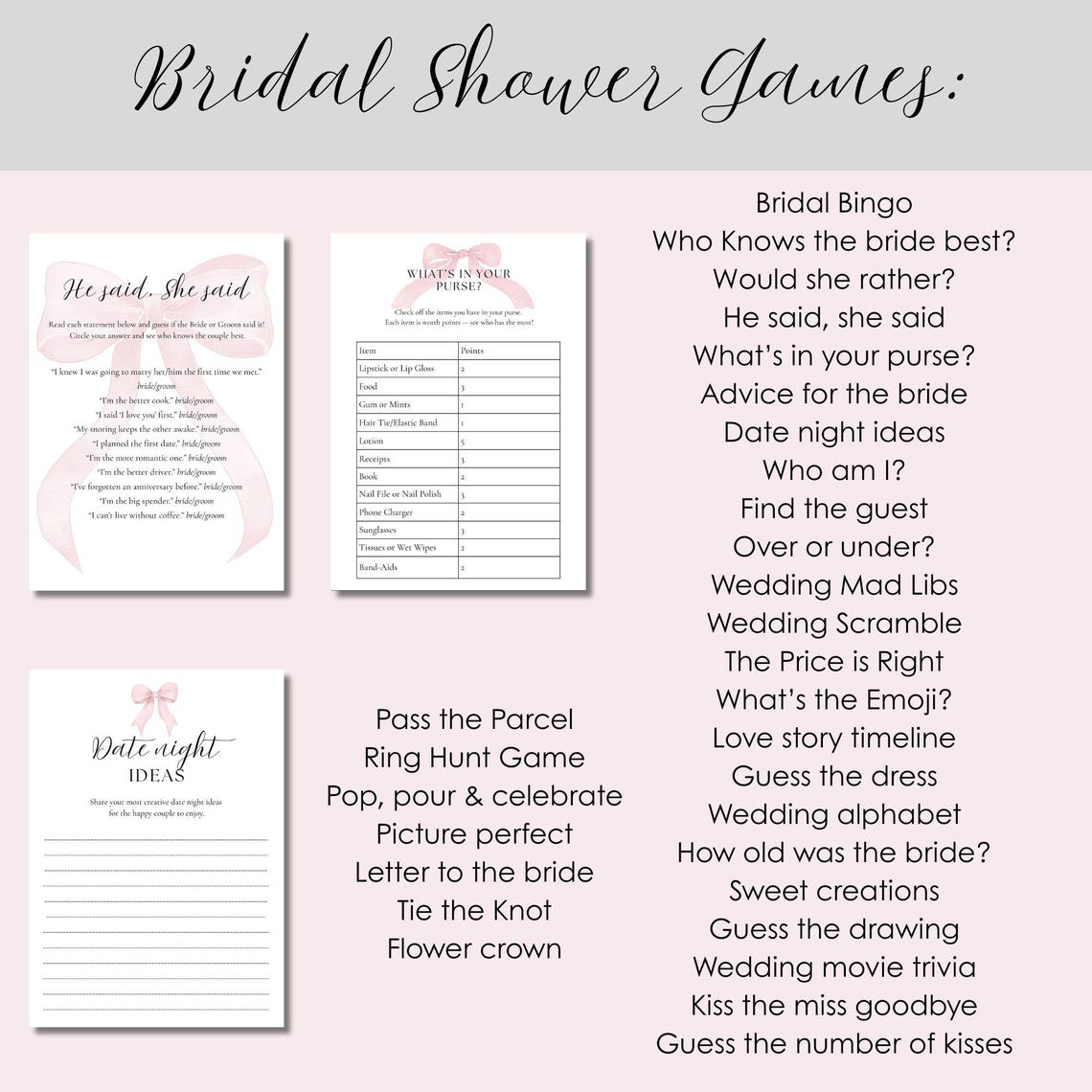 Coquette Bridal Shower Games Bundle: 30 Pink Bow Printable Activities ...