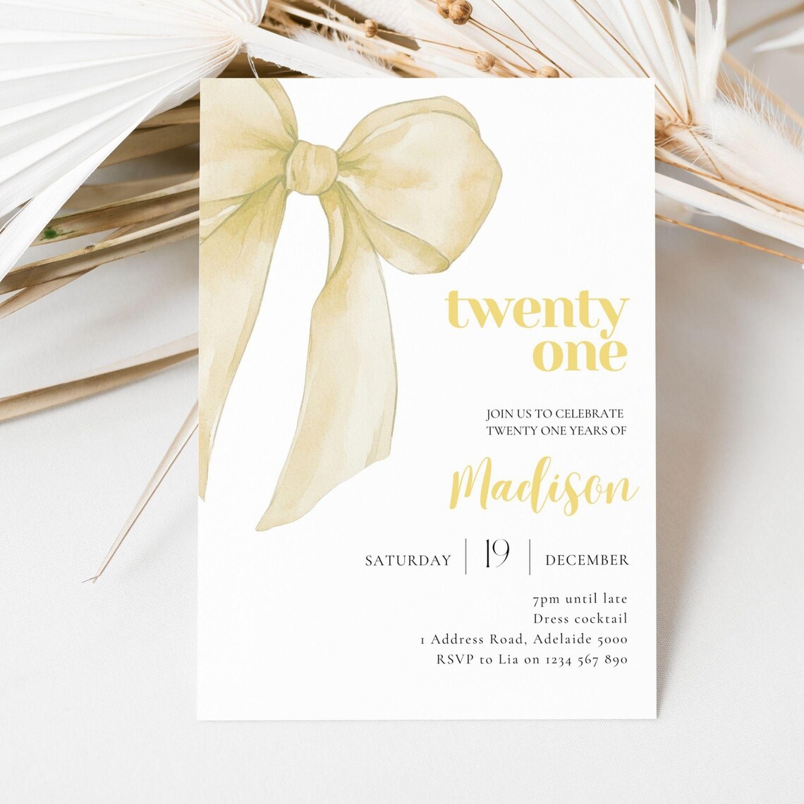 Butter Yellow Bow 21st Birthday Invitation, Coquette Birthday Invite ...