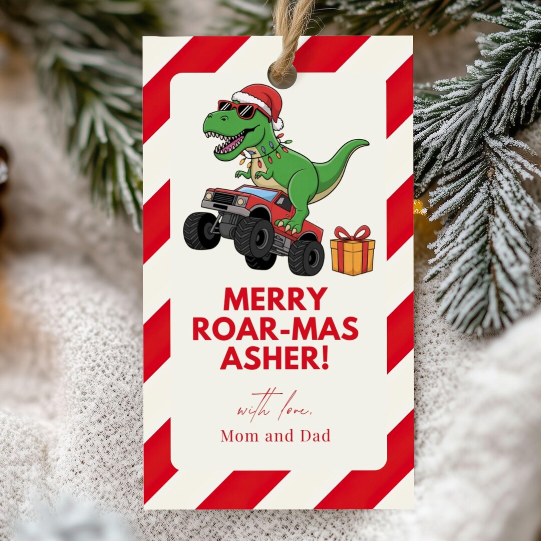 Dinosaur Christmas Gift Tag Printable: Xmas Gift Label for Kids ...