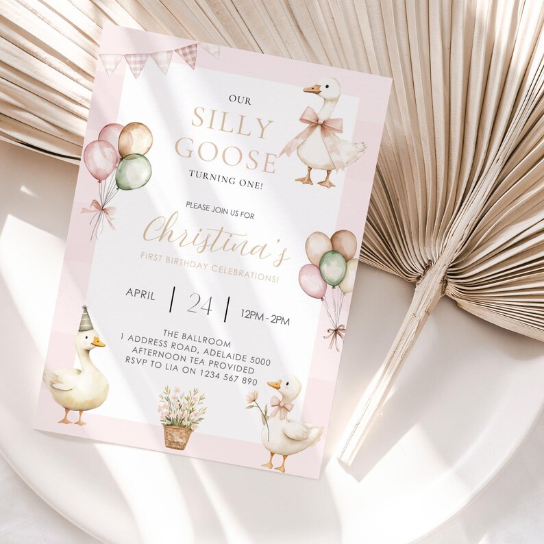 Pink Silly Goose 1st Birthday Invitation, Editable Girl First Birthday ...