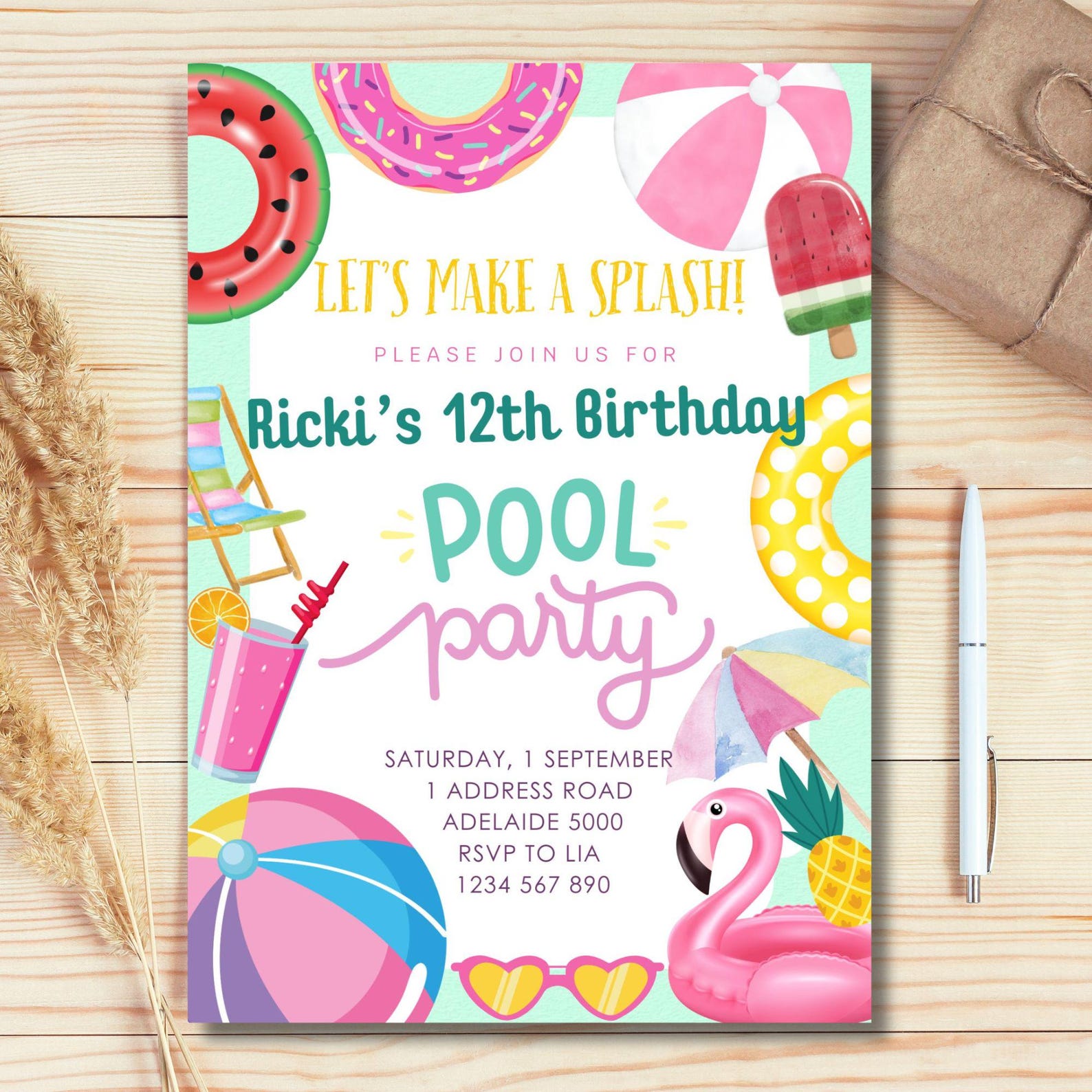 Tween Pool Party Birthday Invitation | Summer Splash Party | Editable ...