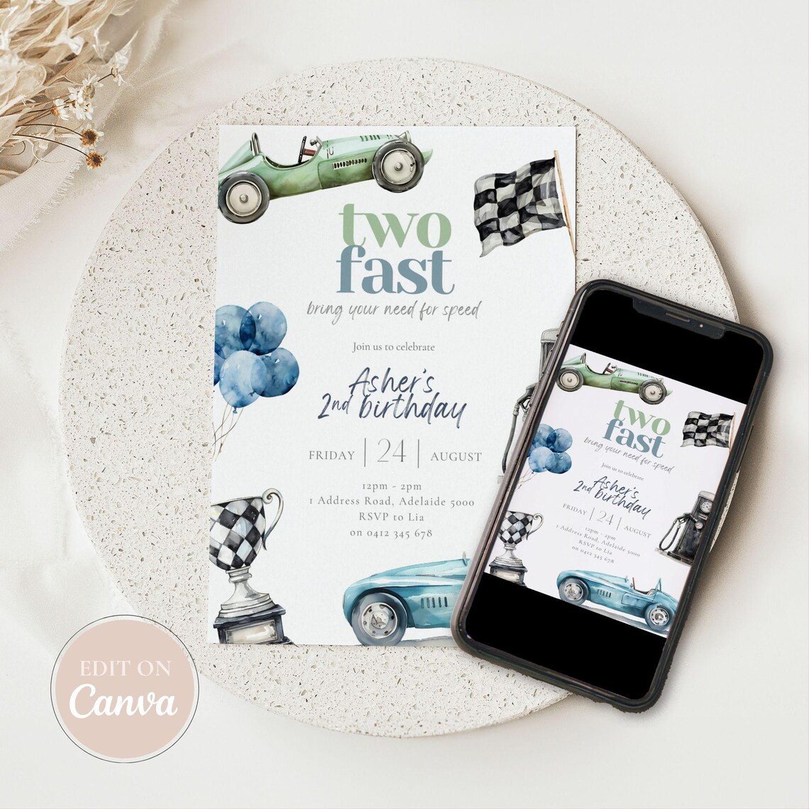 Two Fast Birthday Invitation: Race Car Theme, 2nd Birthday (digital ...