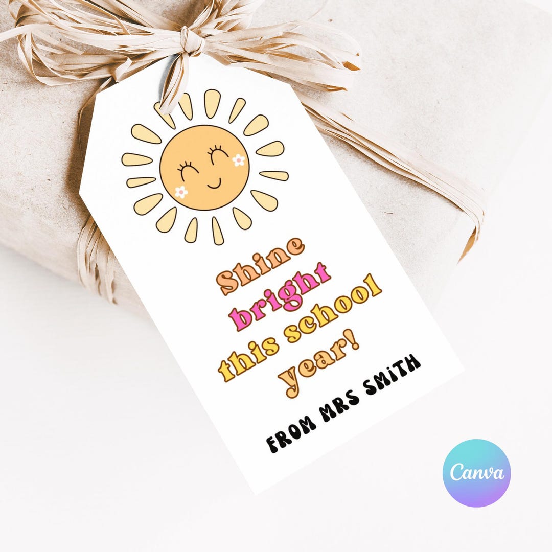 Shine Bright Back to School Gift Tag: Retro Groovy Canva Template ...