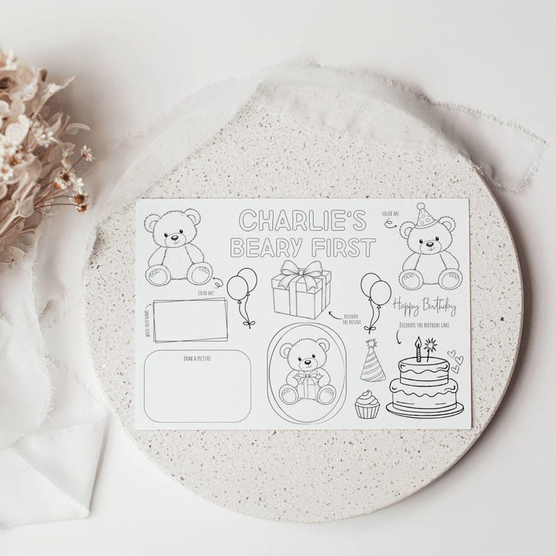 Beary First Coloring Page, Teddy Bear Birthday Activity Sheet, 1st ...