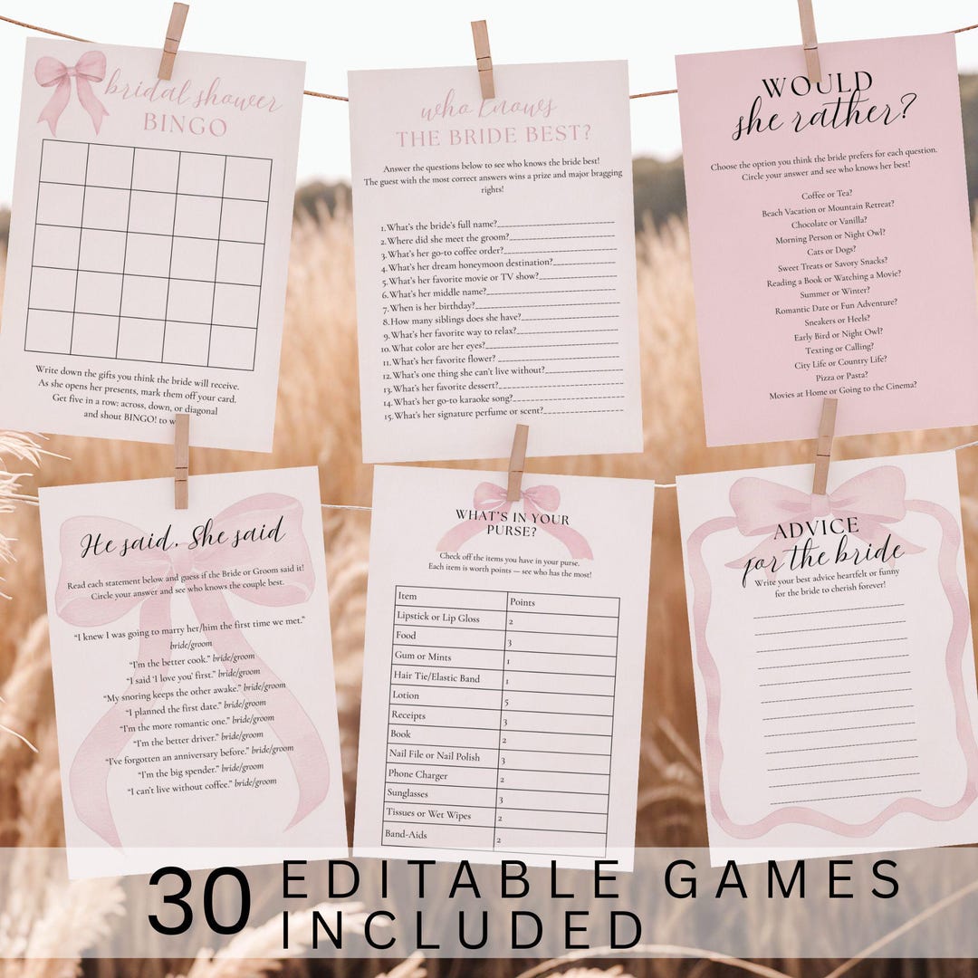 Coquette Bridal Shower Games Bundle: 30 Pink Bow Printable Activities ...